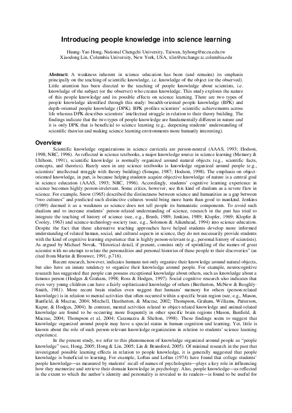 (PDF) Introducing people knowledge into science learning