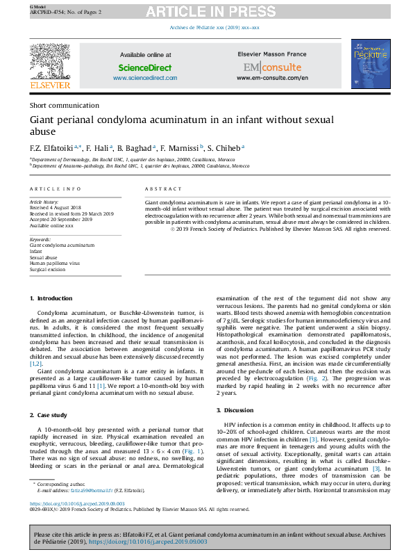 (PDF) Giant perianal condyloma acuminatum in an infant without sexual abuse