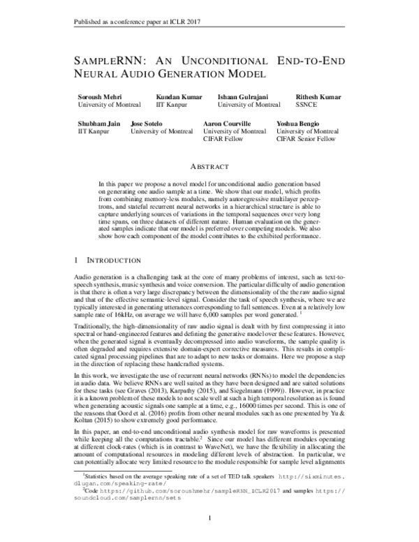 (PDF) SampleRNN: An Unconditional End-to-End Neural Audio Generation Model