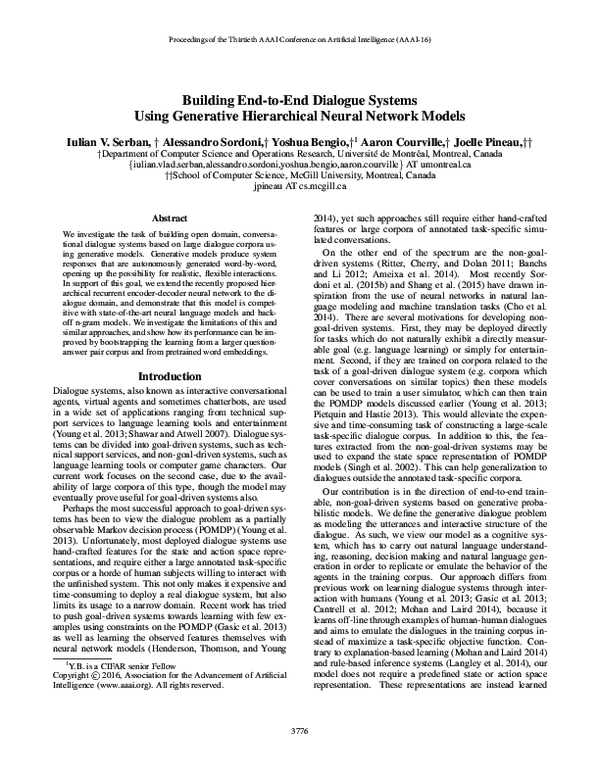 Pdf Building End To End Dialogue Systems Using Generative Hierarchical Neural Network Models 5113
