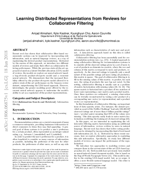 Pdf Learning Distributed Representations From Reviews For