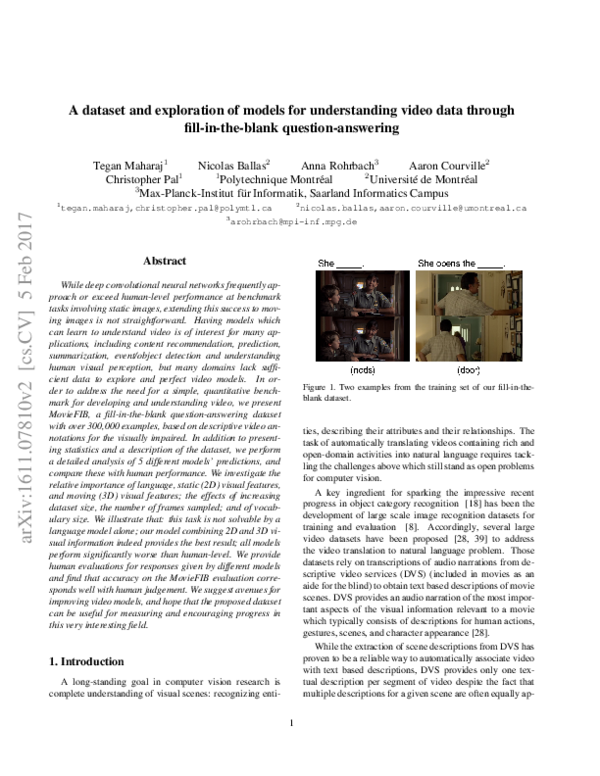 (PDF) A Dataset and Exploration of Models for Understanding Video Data through Fill-in-the-Blank ...