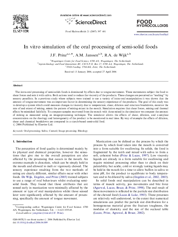 (PDF) In vitro simulation of the oral processing of semi-solid foods