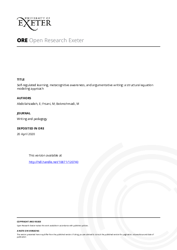 Pdf Self Regulated Learning Metacognitive Awareness And Argumentative Writing A Structural