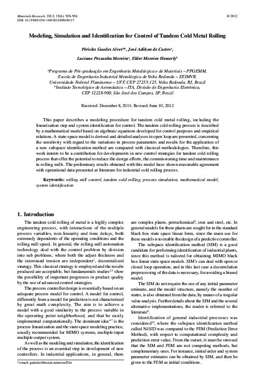 (PDF) Modeling, simulation and identification for control of tandem cold metal rolling