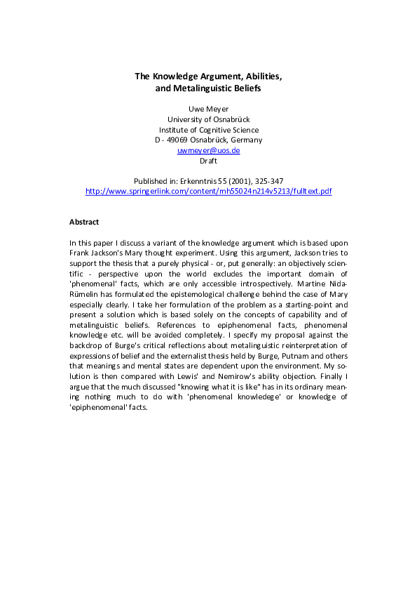 (PDF) The Knowledge Argument, Abilities, And Metalinguistic Beliefs