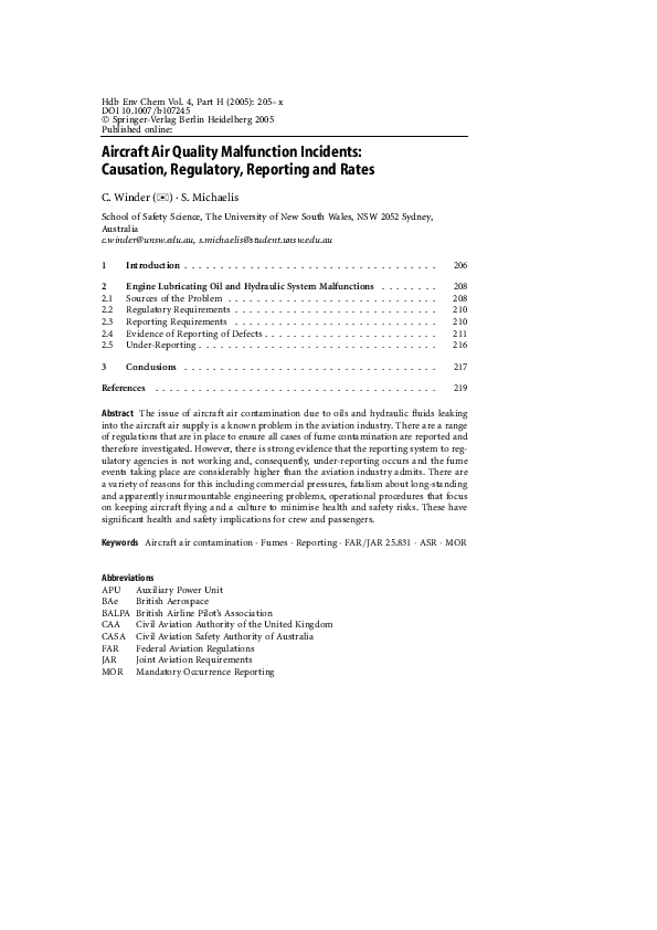 (PDF) Aircraft Air Quality Malfunction Incidents: Causation, Regulatory ...