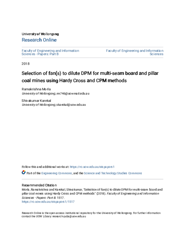 (PDF) Selection of fan(s) to dilute DPM for multi-seam board and pillar coal mines using Hardy ...