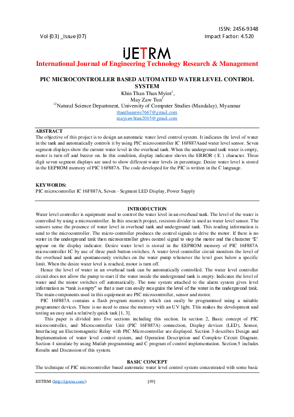 Pdf Pic Microcontroller Based Automated Water Level Control System
