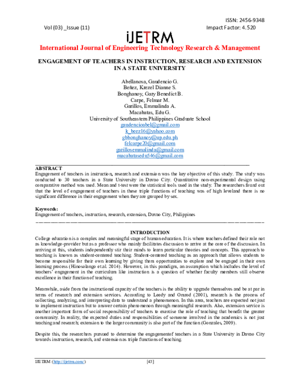 (PDF) Engagement of Teachers in Instruction, Research and Extension in ...