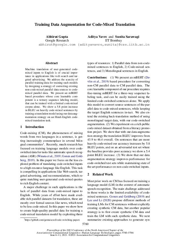 (PDF) Training Data Augmentation for Code-Mixed Translation