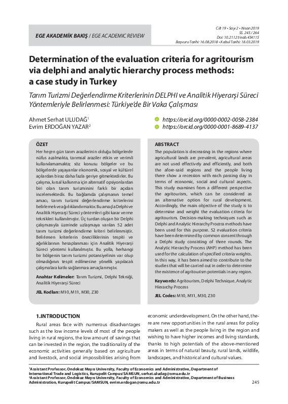 Pdf Determination Of The Evaluation Criteria For Agritourism Via Delphi And Analytic Hierarchy