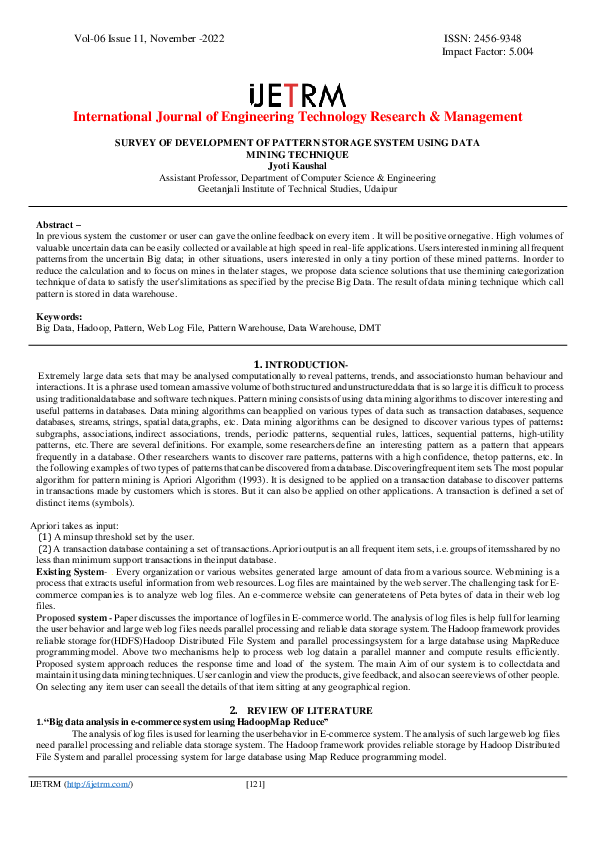 (PDF) URVEY OF DEVELOPMENT OF PATTERN STORAGE SYSTEM USING DATA MINING TECHNIQUE