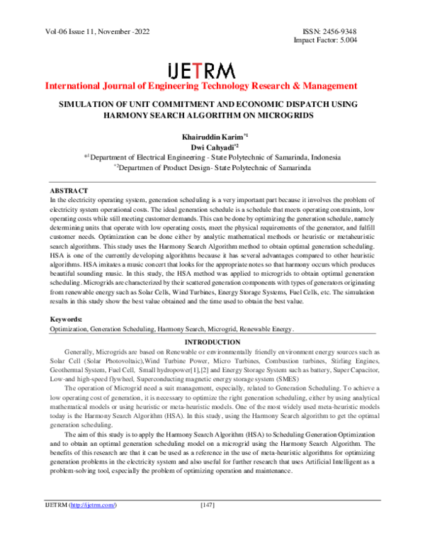 (PDF) SIMULATION OF UNIT COMMITMENT AND ECONOMIC DISPATCH USING HARMONY SEARCH ALGORITHM ON ...