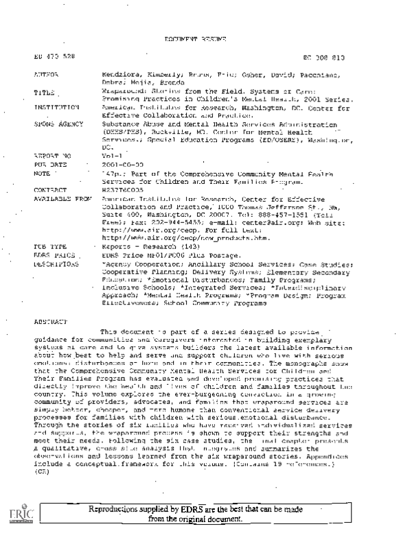 (PDF) Wraparound: Stories from the Field. Systems of Care: Promising ...