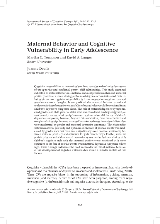 (PDF) Maternal Behavior and Cognitive Vulnerability in Early Adolescence
