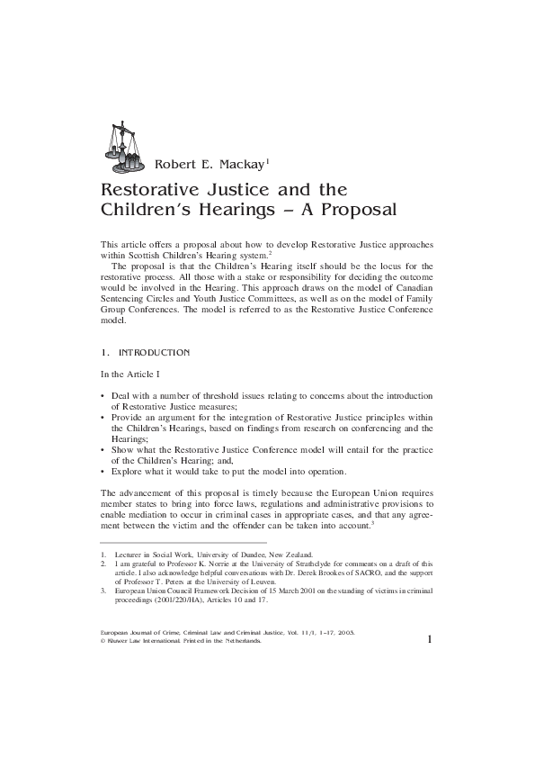 (PDF) Restorative Justice and the Children's Hearings – A Proposal