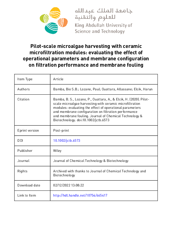 (PDF) Pilot‐scale microalgae harvesting with ceramic microfiltration modules: evaluating the ...
