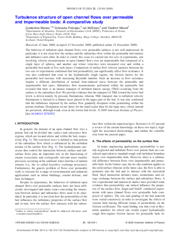 (PDF) Turbulence structure of open channel flows over permeable and impermeable beds: A ...