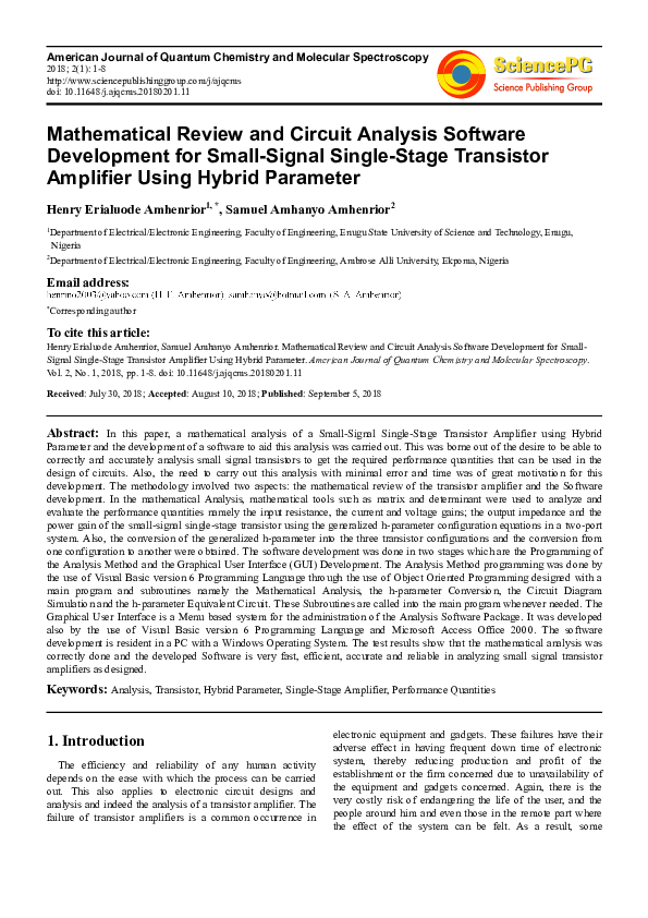 (PDF) Mathematical Review and Circuit Analysis Software Development for Small-Signal Single ...