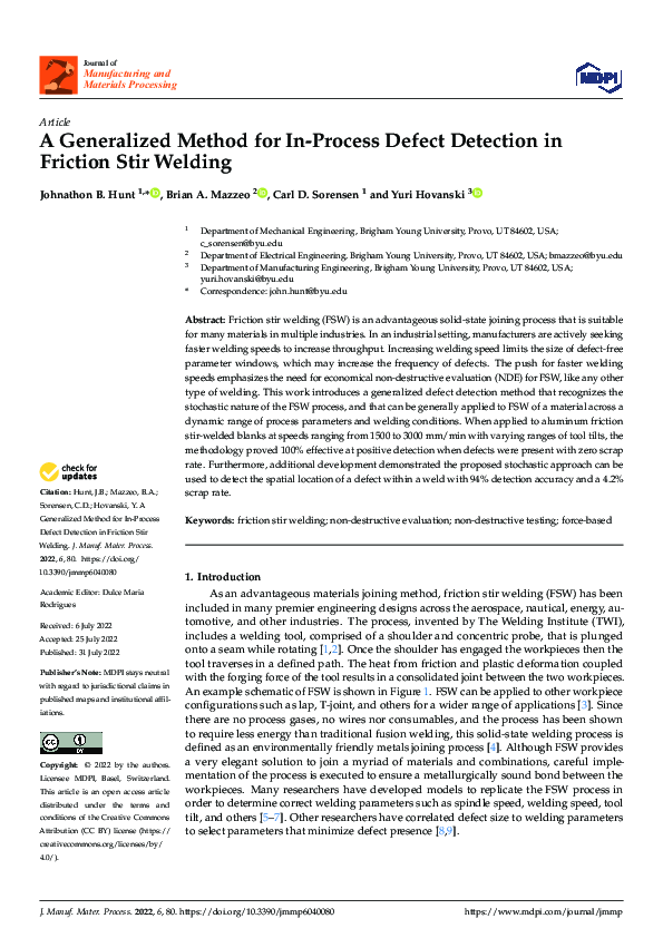 (PDF) A Generalized Method for In-Process Defect Detection in Friction Stir Welding