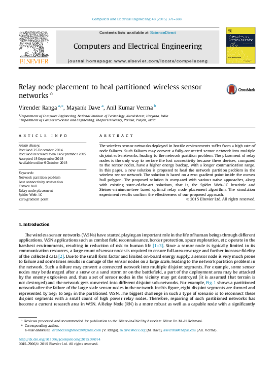 (PDF) Relay node placement to heal partitioned wireless sensor networks