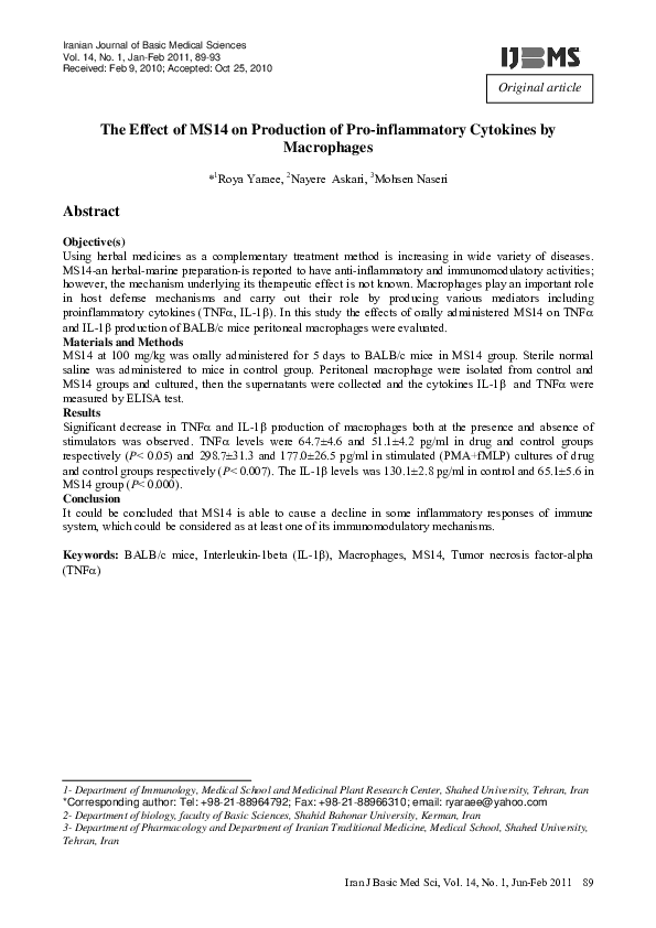 (PDF) The Effect of MS14 on Production of Pro-Inflammatory Cytokines by ...