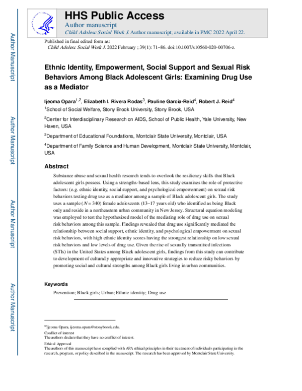 Pdf Ethnic Identity Empowerment Social Support And Sexual Risk 4105