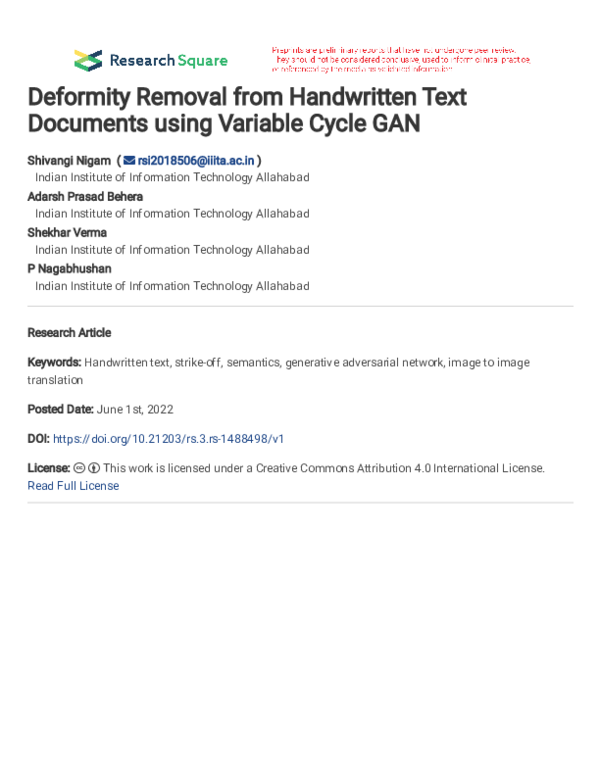 (PDF) Deformity Removal from Handwritten Text Documents using Variable Cycle GAN