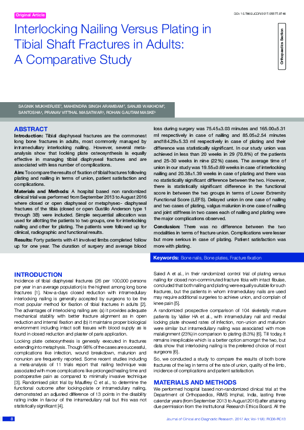 (PDF) Interlocking Nailing Versus Plating in Tibial Shaft Fractures in Adults: A Comparative Study