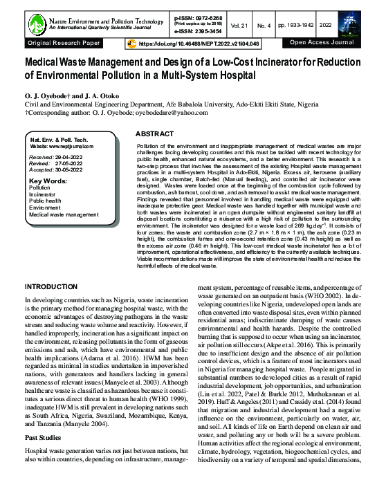 (PDF) Medical Waste Management and Design of a Low-Cost Incinerator for ...