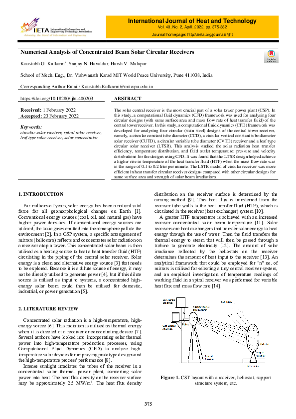 (PDF) Numerical Analysis of Concentrated Beam Solar Circular Receivers