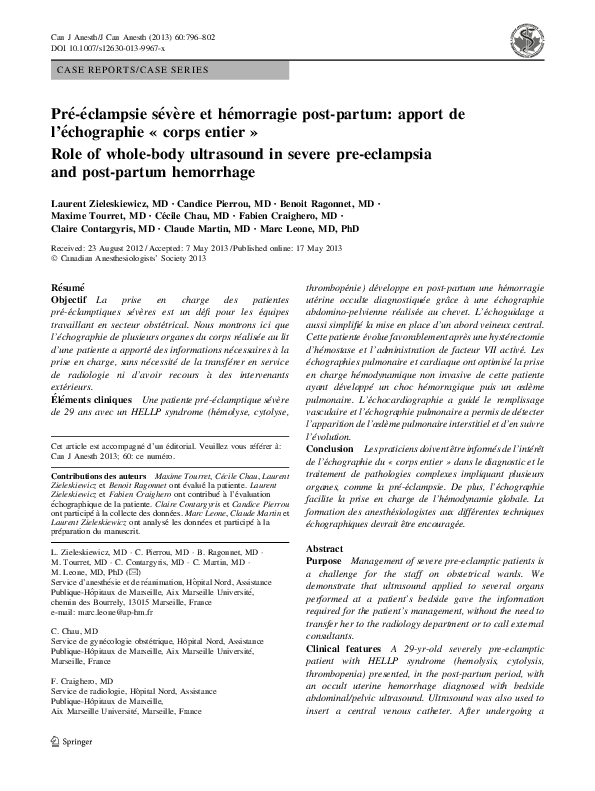 (PDF) Pré-éclampsie sévère et hémorragie post-partum: apport de l’échographie « corps entier