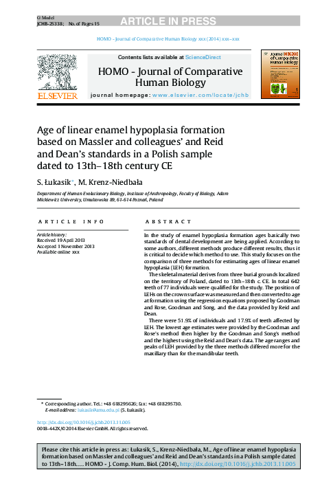 (PDF) Age of linear enamel hypoplasia formation based on Massler and ...
