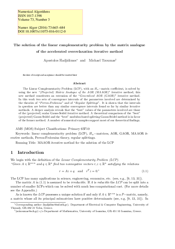 (PDF) The solution of the linear complementarity problem by the matrix analogue of the ...
