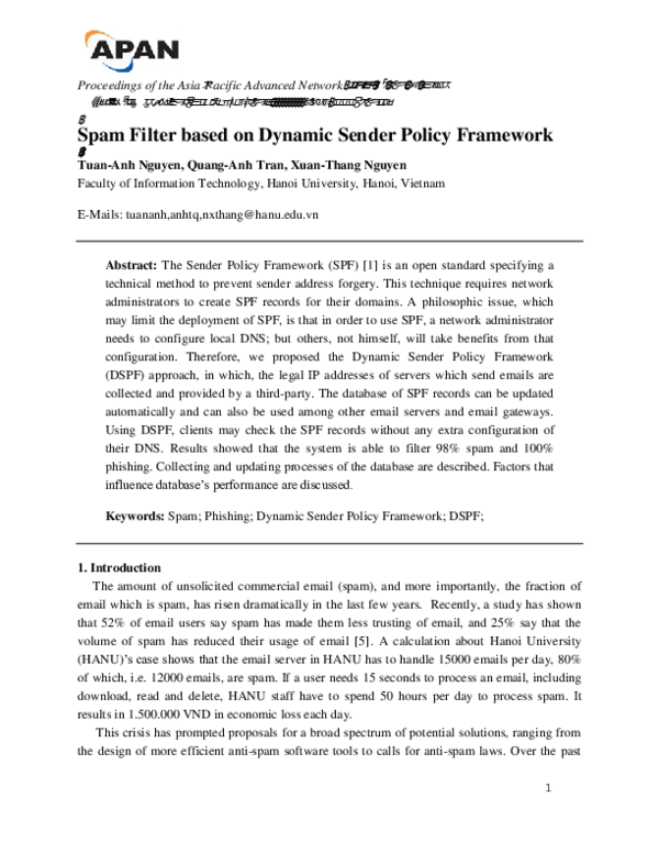 (PDF) Spam Filter Based on Dynamic Sender Policy Framework | TRAN DUC ANH - Academia.edu