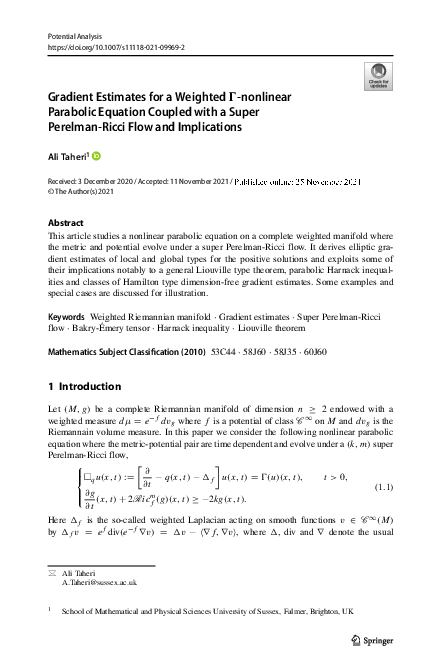 Pdf Gradient Estimates For A Weighted Γ Nonlinear Parabolic Equation Coupled With A Super