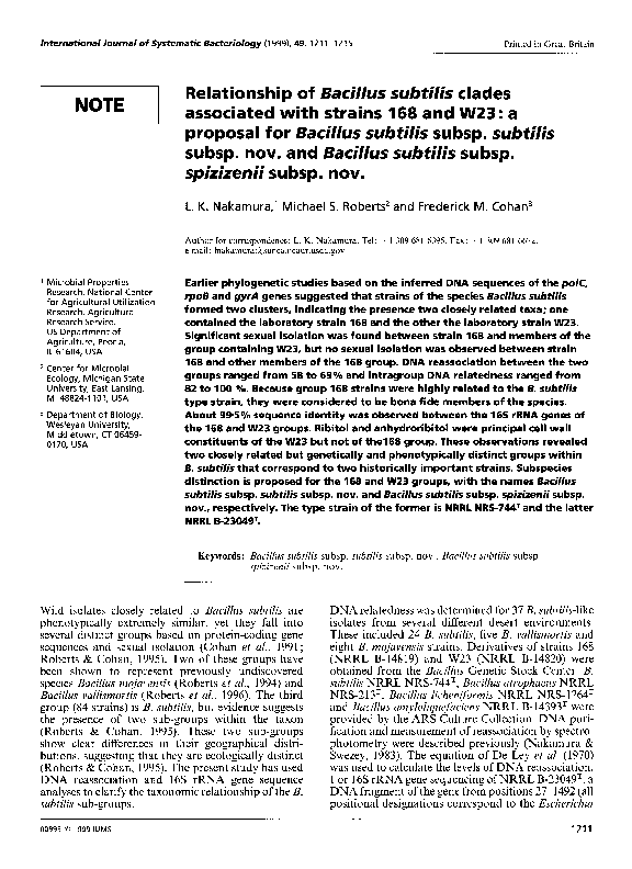 (PDF) Note: Relationship of Bacillus subtilis clades associated with ...