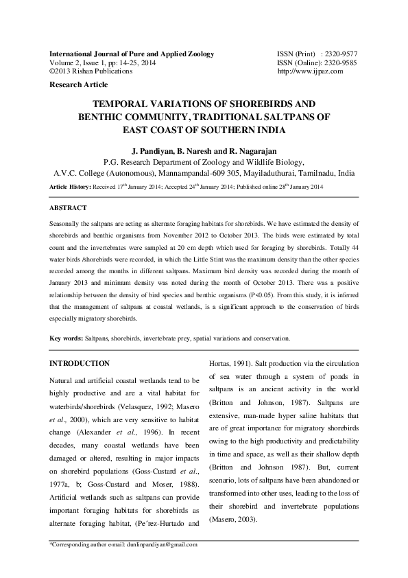 Pdf Temporal Variations Of Shorebirds And Benthic Community