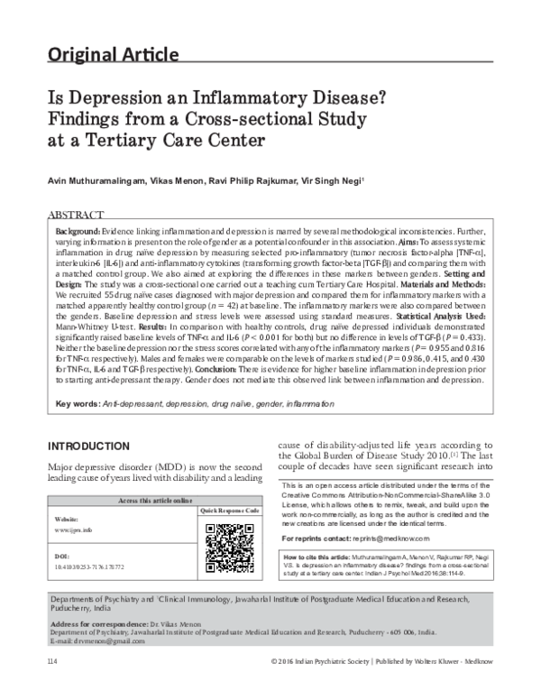 (PDF) Is Depression an Inflammatory Disease? Findings from a Cross ...