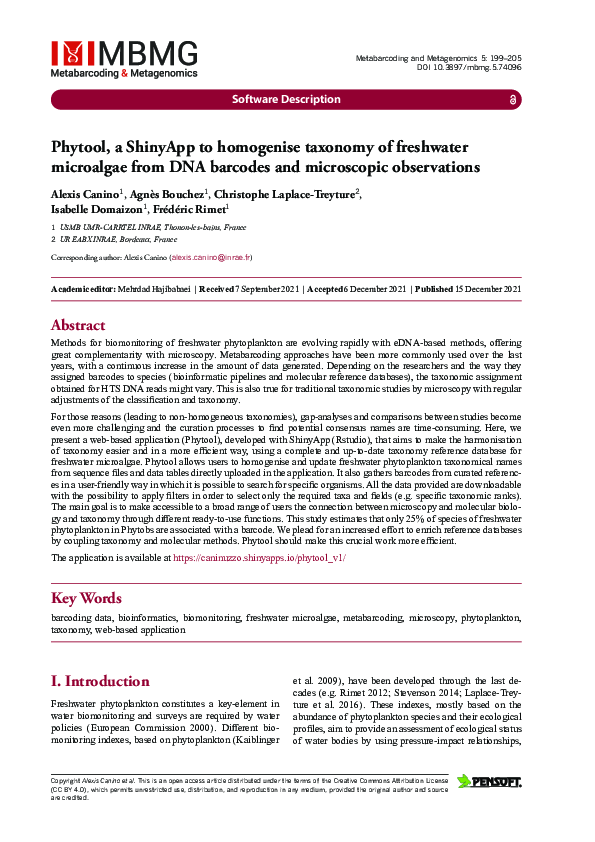 Phytool, a ShinyApp to homogenise taxonomy of freshwater microalgae ...