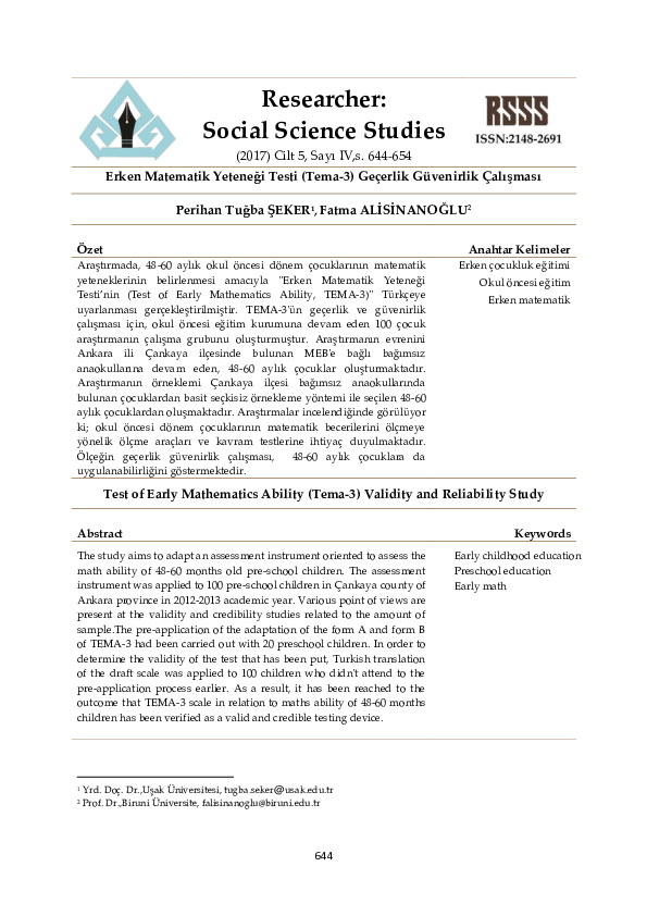 (PDF) Erken Matematik Yeteneği Testi (Tema-3) Geçerlik Güvenirlik Çalışması