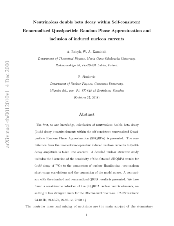 (PDF) Neutrinoless double β decay within the self-consistent renormalized quasiparticle random ...
