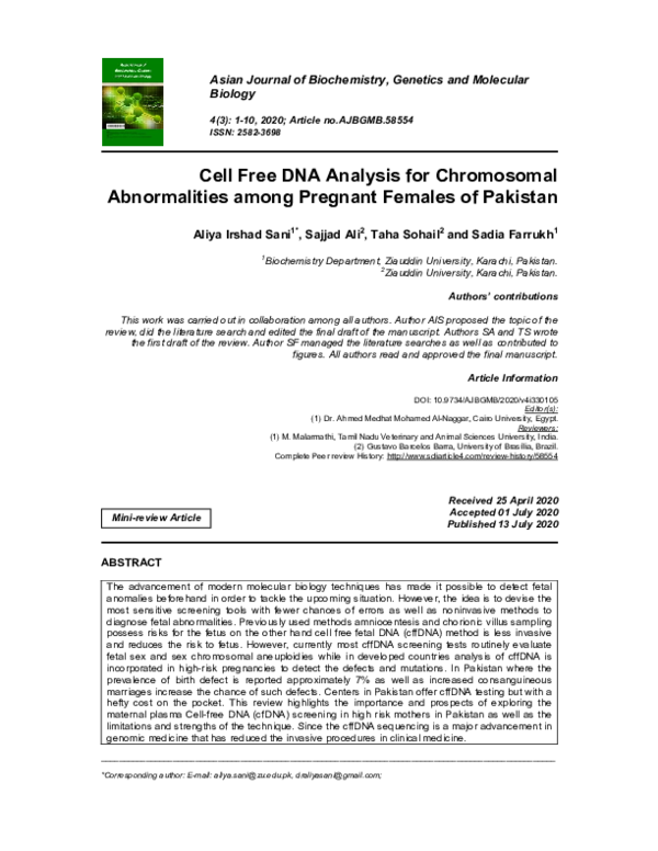 (PDF) Cell Free DNA Analysis for Chromosomal Abnormalities among ...