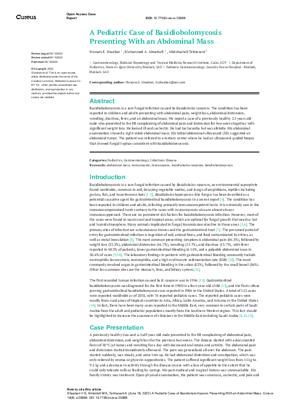 (PDF) A Pediatric Case of Basidiobolomycosis Presenting With an ...