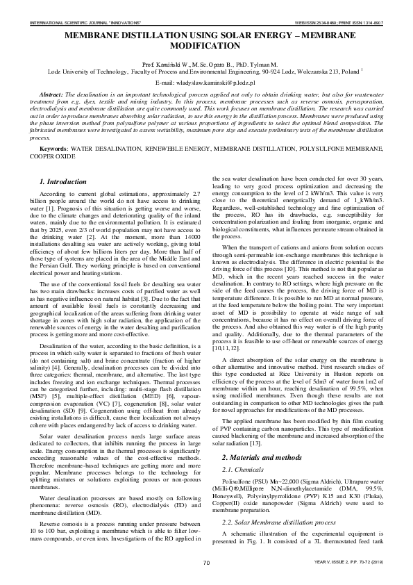 (PDF) Membrane Distillation Using Solar Energy – Membrane Modification
