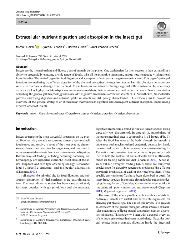 (PDF) Extracellular nutrient digestion and absorption in the insect gut