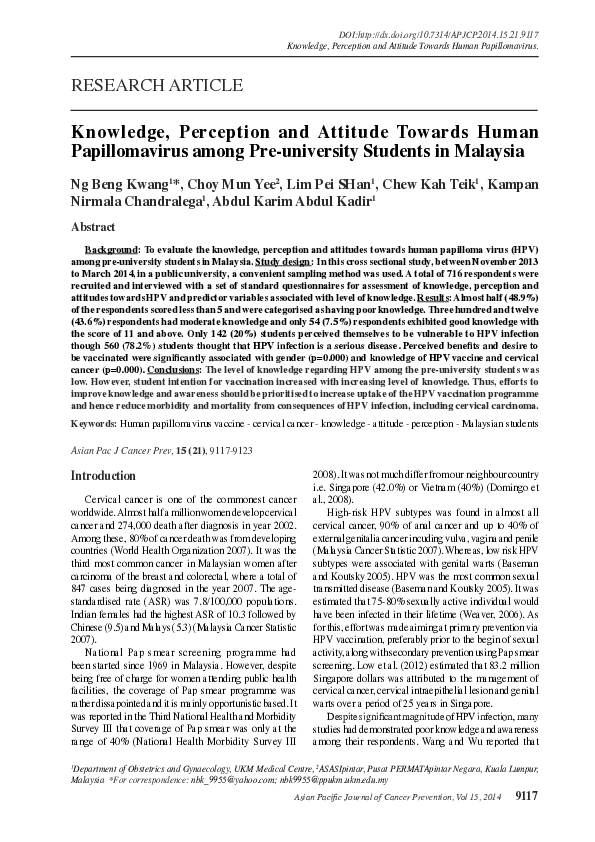 (PDF) Knowledge, Perception and Attitude Towards Human Papillomavirus among Pre-university ...