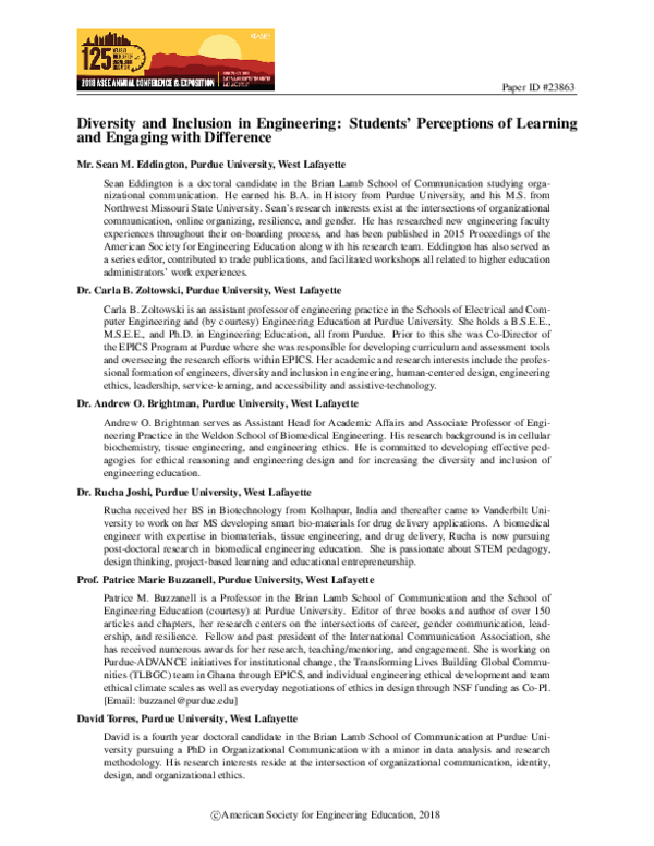 (PDF) Diversity and Inclusion in Engineering: Students’ Perceptions of Learning and Engaging ...