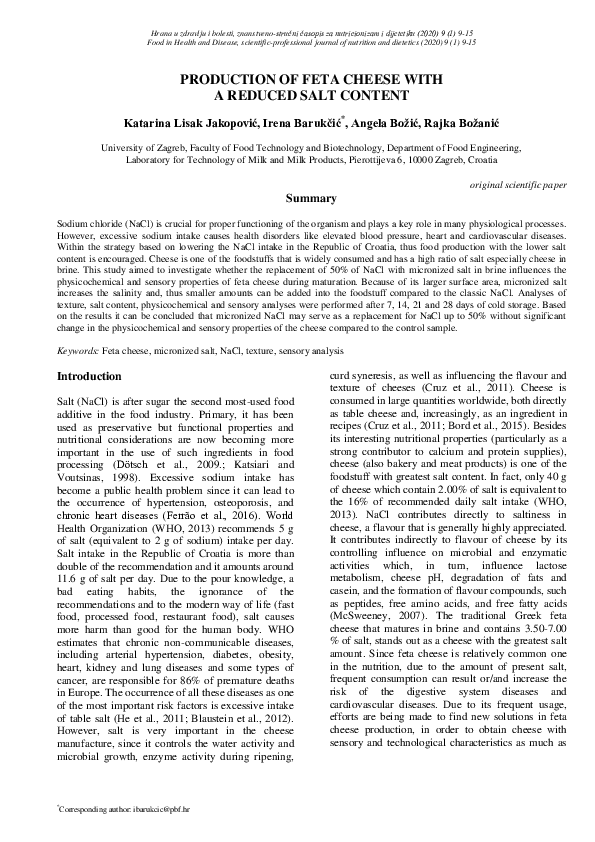 (PDF) Production of Feta Cheese with a Reduced Salt Content | Rajka Božanić - Academia.edu